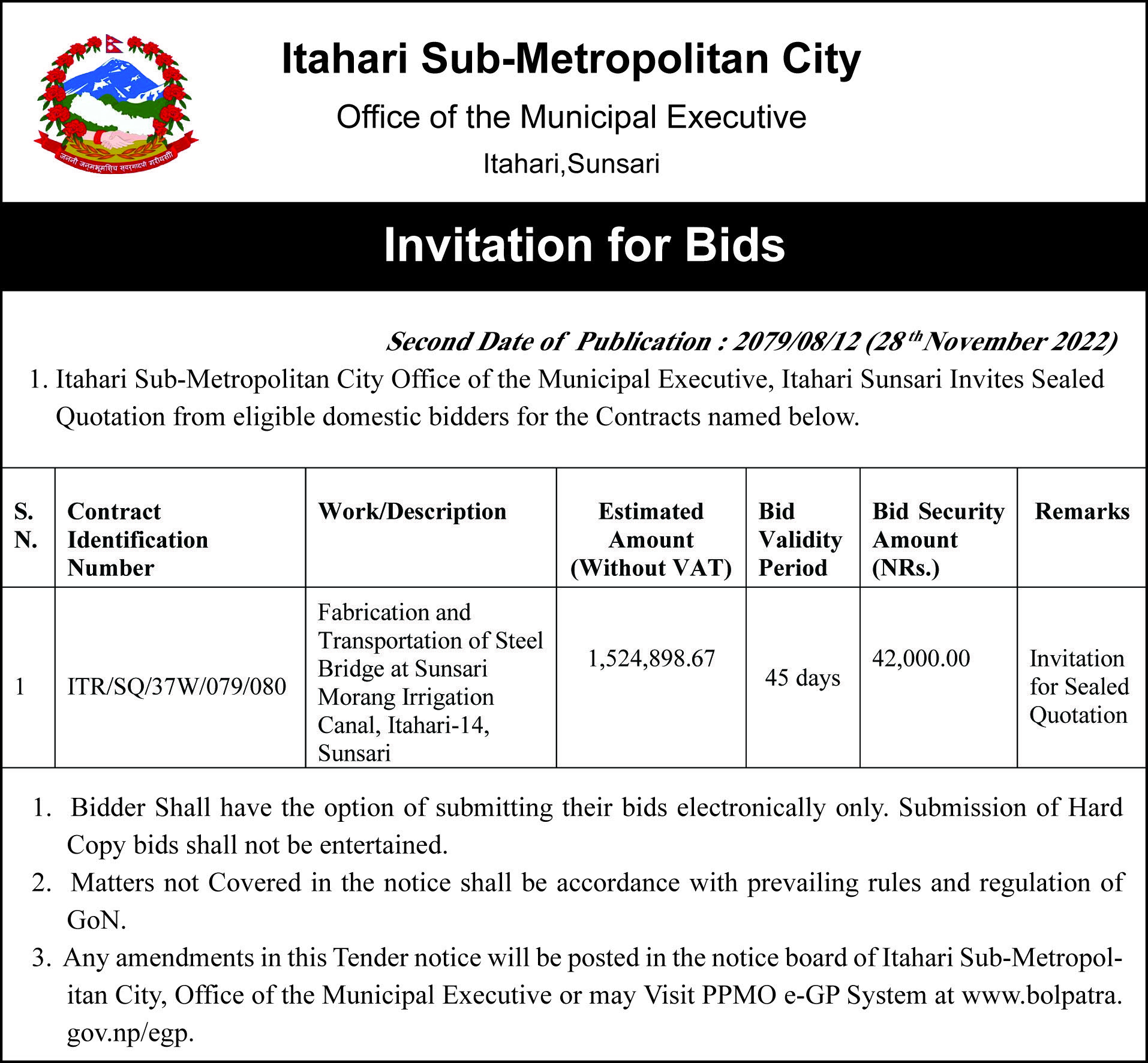 Invitation for Bids Fabrication and Transportation of Steel Bridge (2079-08-12) | Itahari Sub ...